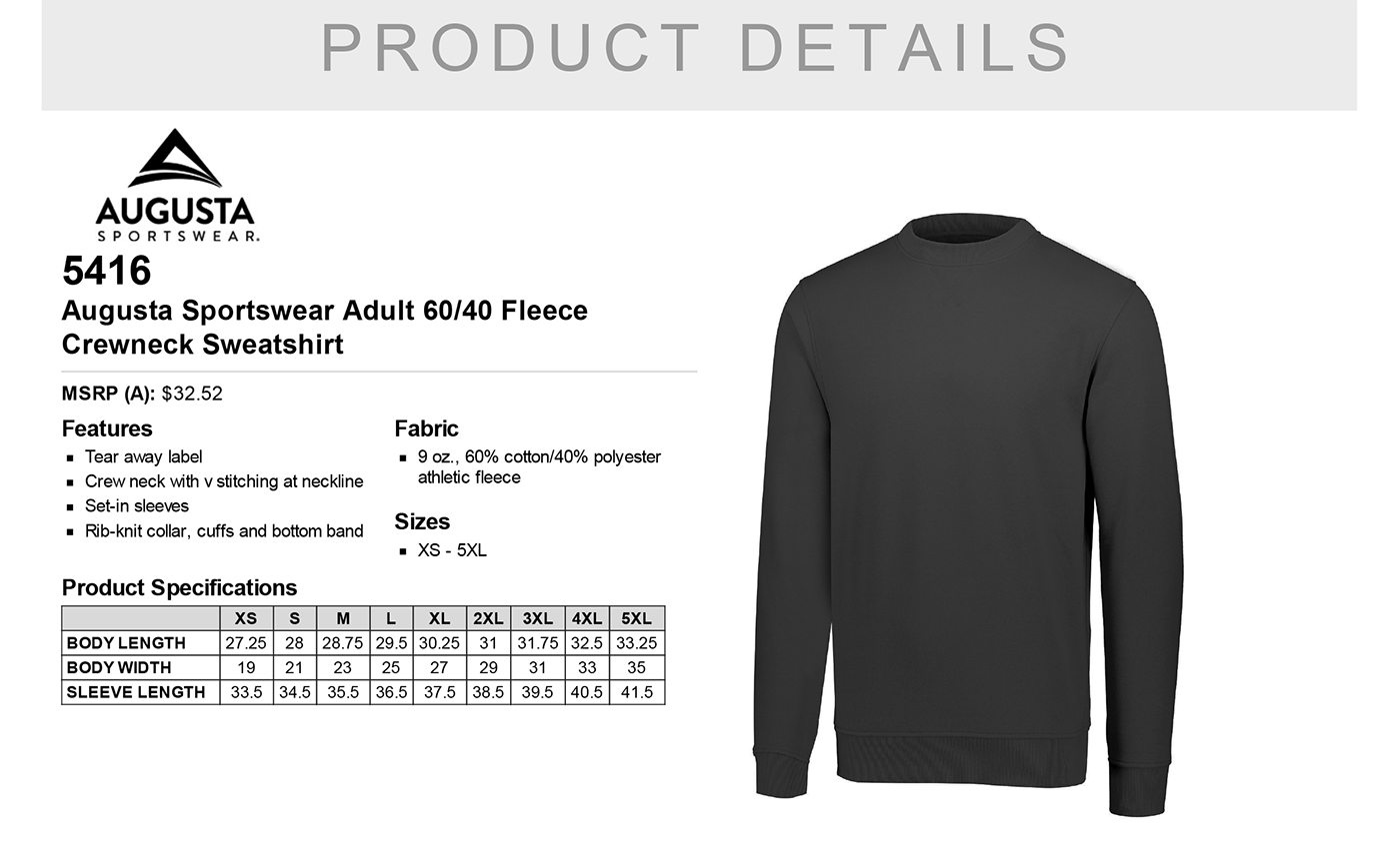Augusta Sportswear Adult 60/40 Fleece Crewneck Sweatshirt - Heat and ...